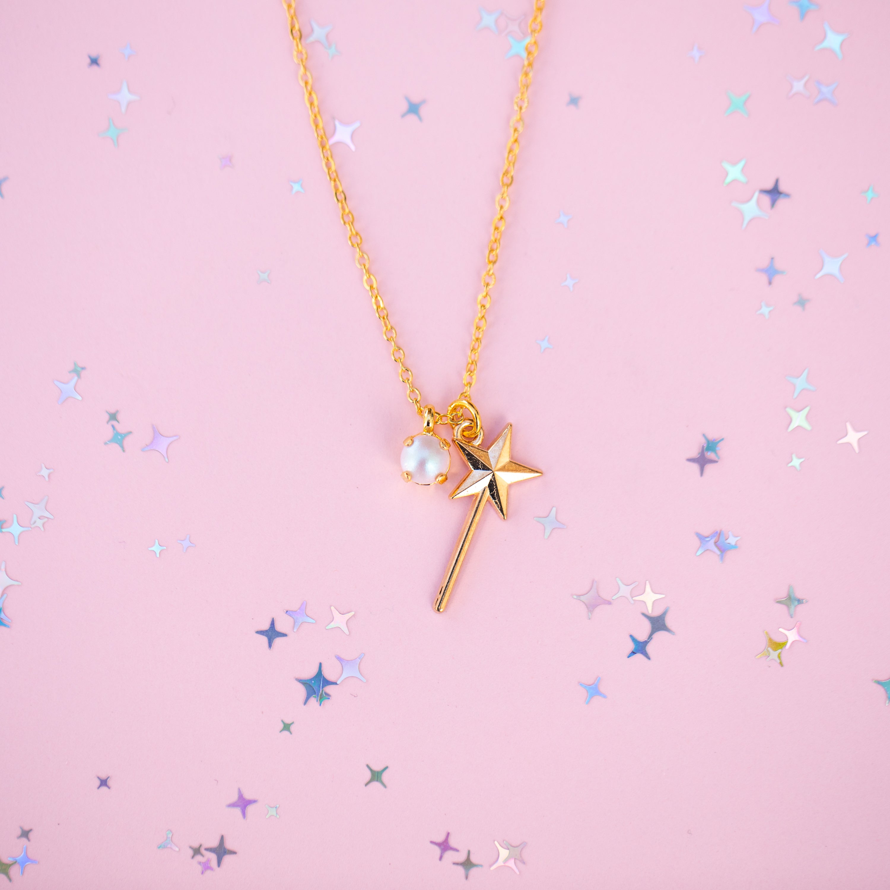 Wand Charm Necklace with 6mm Dreamy Pink Pearl -select color setting ...